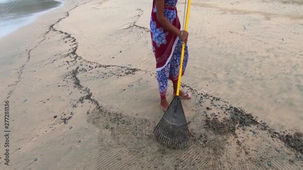 Indian lady wearing a saree, sweeping and cleaning the beach to get rid ...