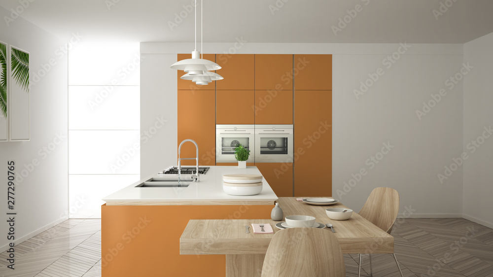 Modern clean contemporary orange kitchen, island and wooden dining ...