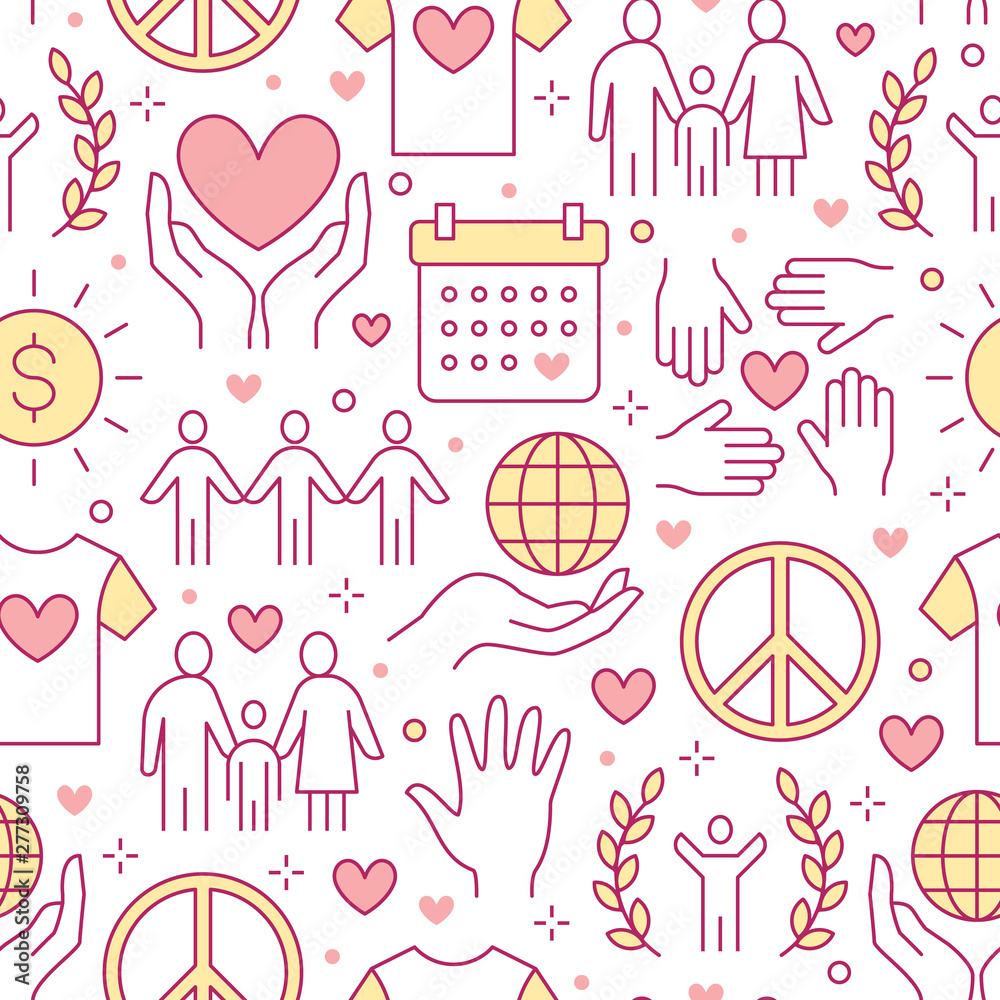 Charity vector seamless pattern with flat line icons. Donation ...