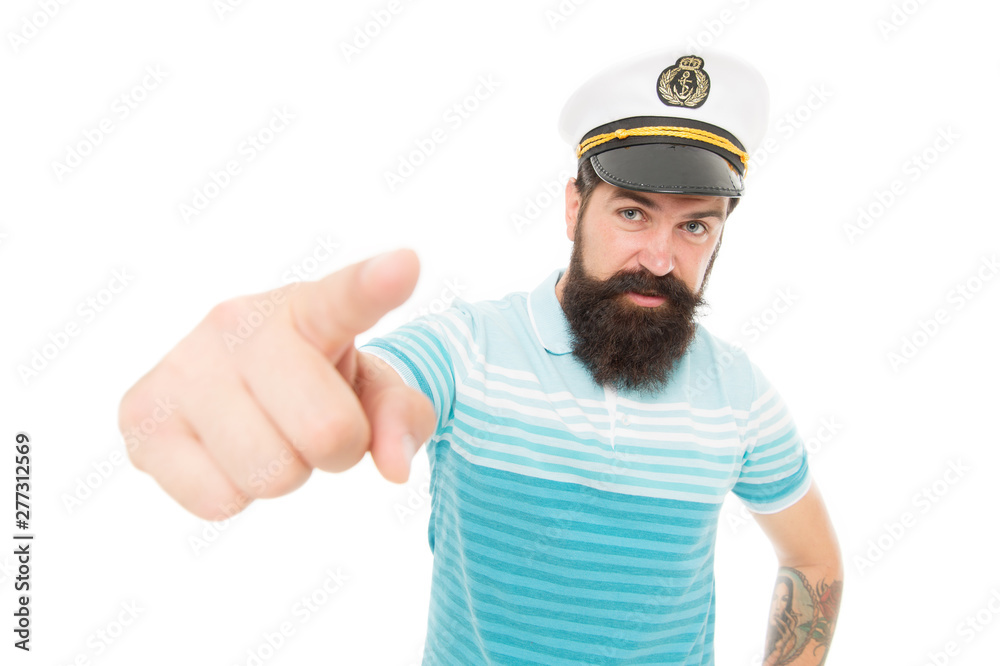 Welcome aboard. Bearded man captain of ship. Sea cruise. Travel concept ...