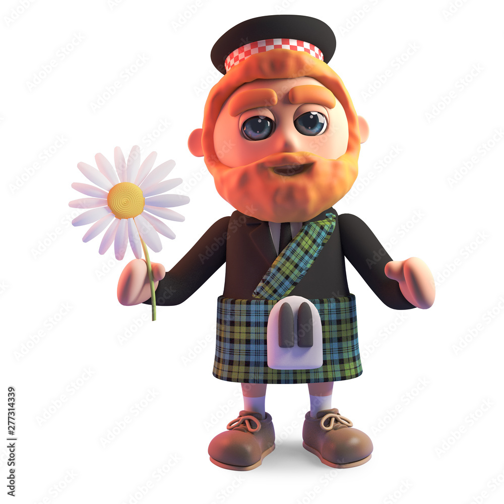 Cartoon Scottish man in traditional kilt holding a daisy flower, 3d ...