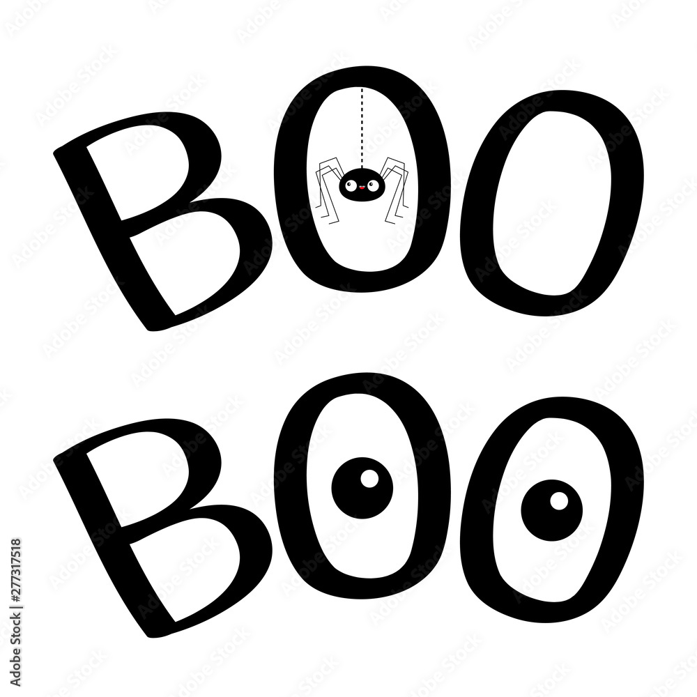 Word BOO text with hanging spider insect silhouette. Two eyes. Cute ...