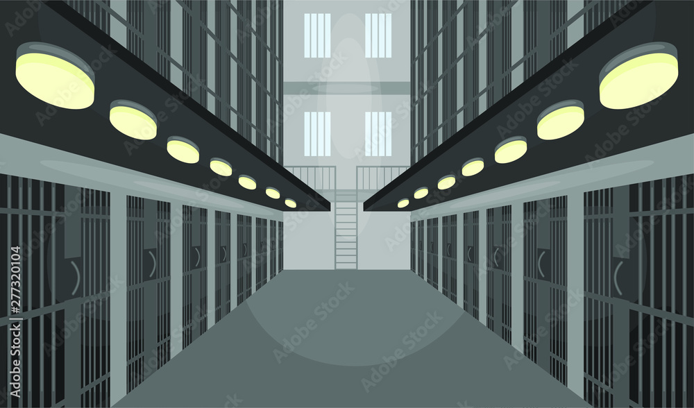 vector illustration of prison jail building inside. Rows of prison ...