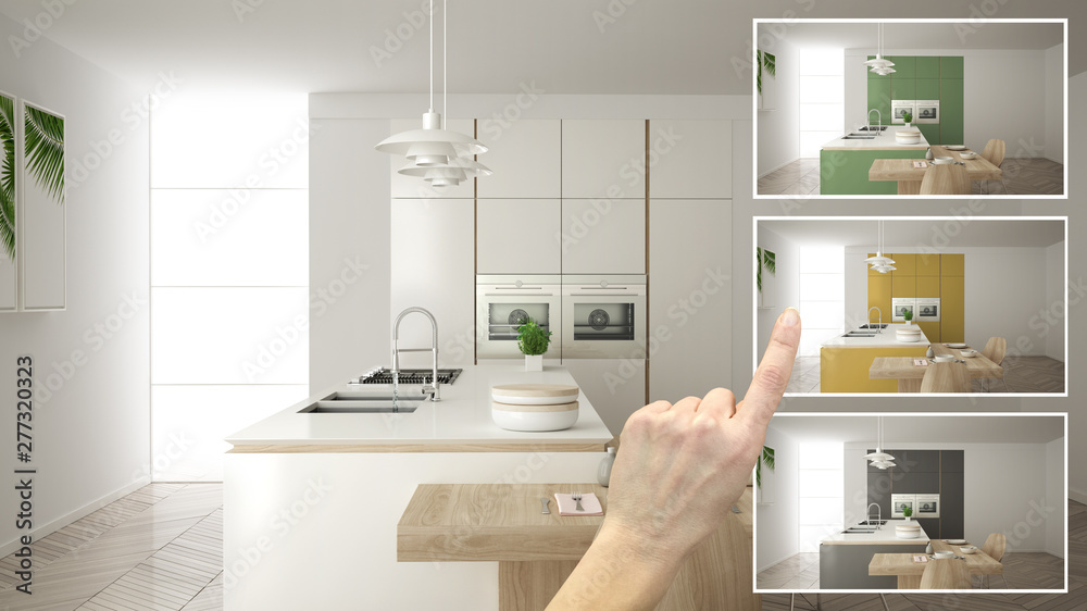 Architect designer concept, hand showing modern wooden kitchen colors ...