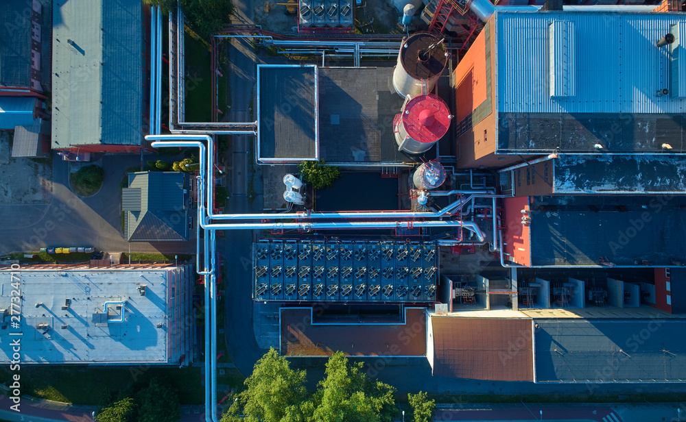 Aerial view of heating plant and its equipment, pipes and coolers ...