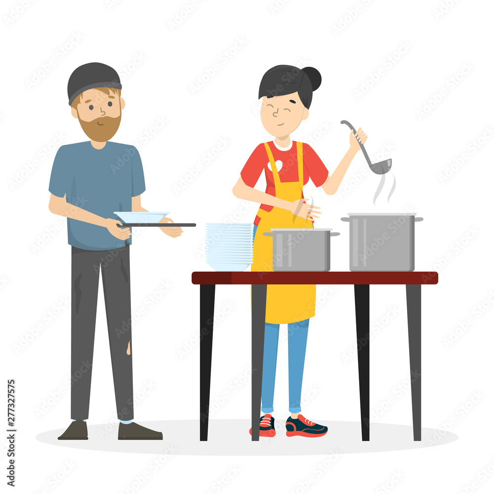 Volunteer feed homeless man. Help and support Stock Vector | Adobe Stock