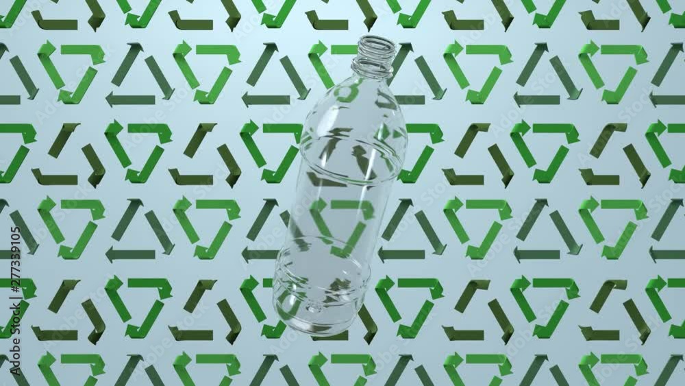 CG animation of a plastic bottle rotating on recycle signs background ...