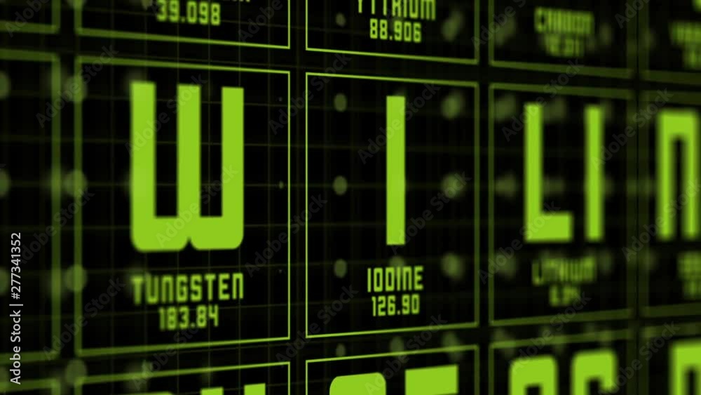 3D animated periodic table of the elements in a black background. Stock ...