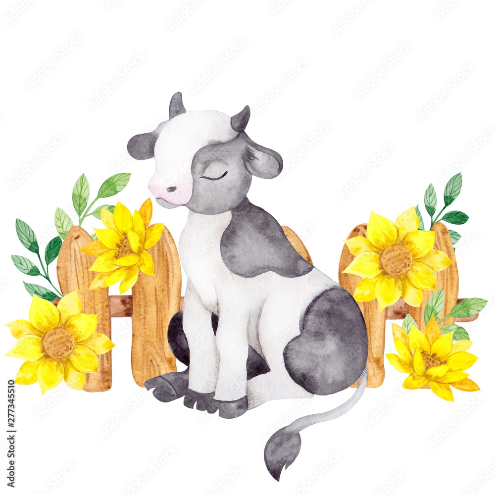 Cute Farm cow with flowers, watercolor hand draw illustrations isolated ...