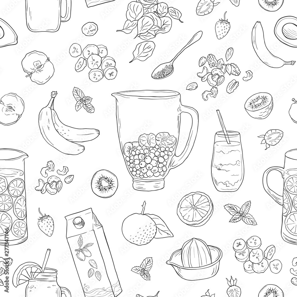 Smoothie natural fruit shake. Superfood health detox diet. Sketch style ...
