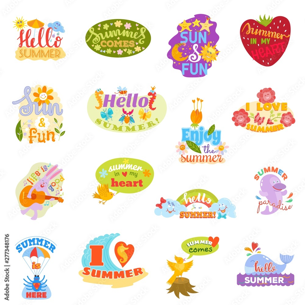 Hello Summer typographic logo sign on withe background. Sea plants, sun ...