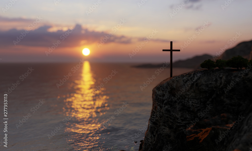Concept or conceptual religious christian cross standing on rock in the ...