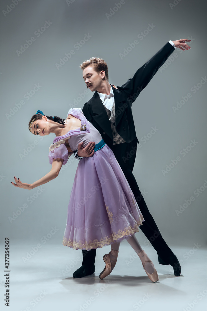 One unit. Beautiful contemporary ballroom dancers isolated on grey ...