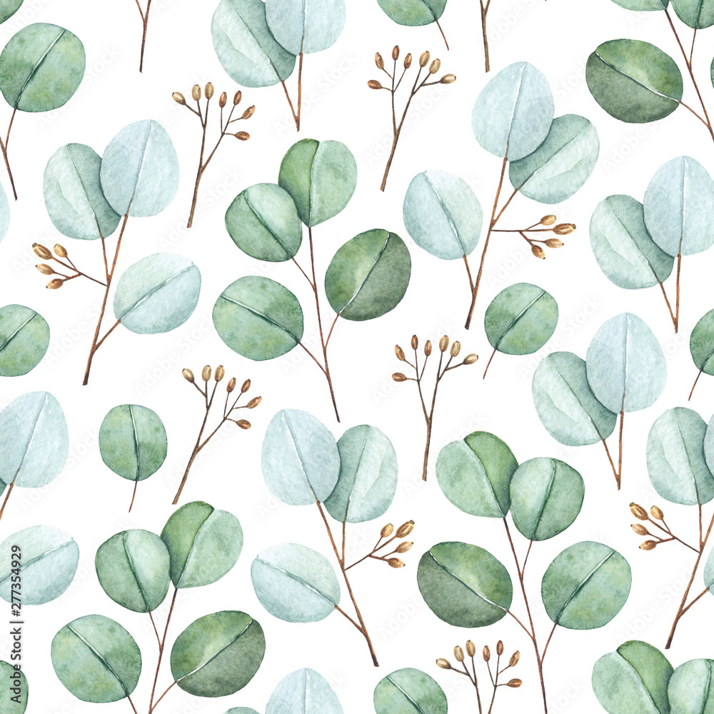 Watercolor floral seamless pattern with eucalyptus leaves and branches ...
