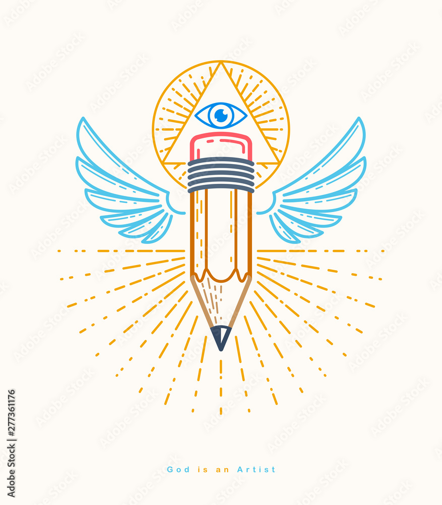 God is a designer concept, pencil with wings and all seeing eye of God ...