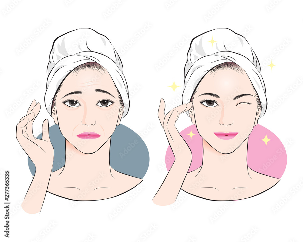 Beauty girl with wrinkle before. She is younger after. vector ...