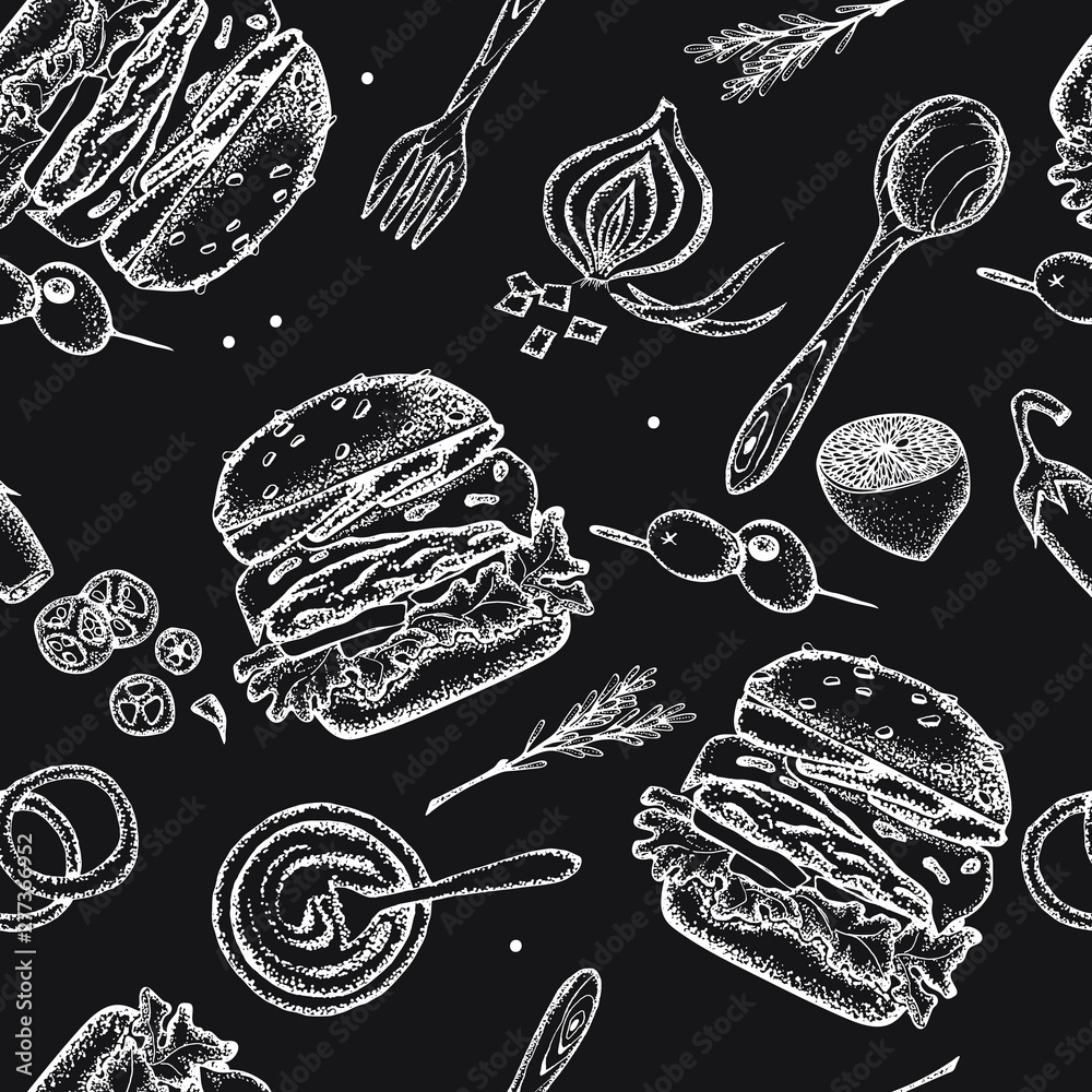 Set of hand-drawn fast food. Background with food for menu and ...