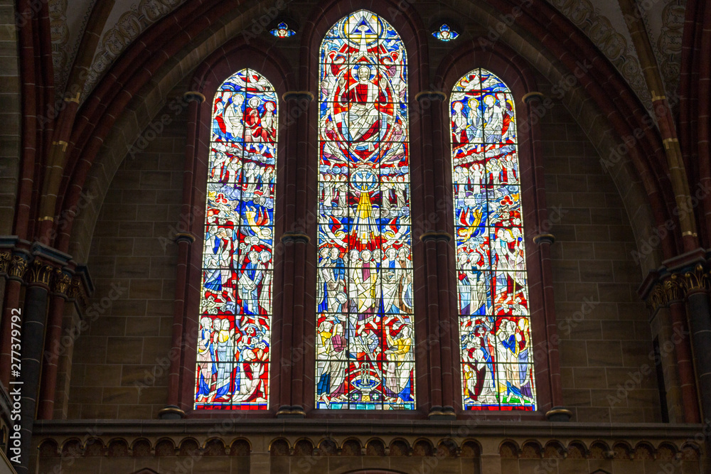 Beautiful stained glass windows in church. Ancient cathedral decoration ...
