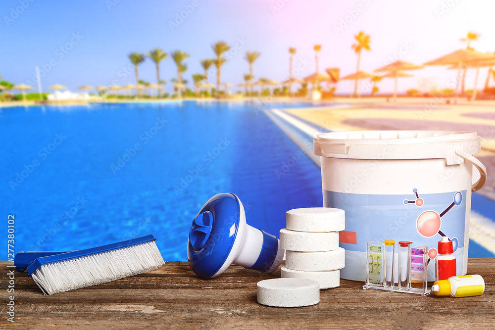 Equipment with chemical cleaning products and tools for the maintenance ...