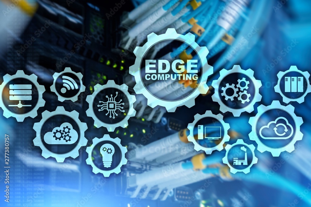 EDGE COMPUTING on modern server room background. Information technology ...
