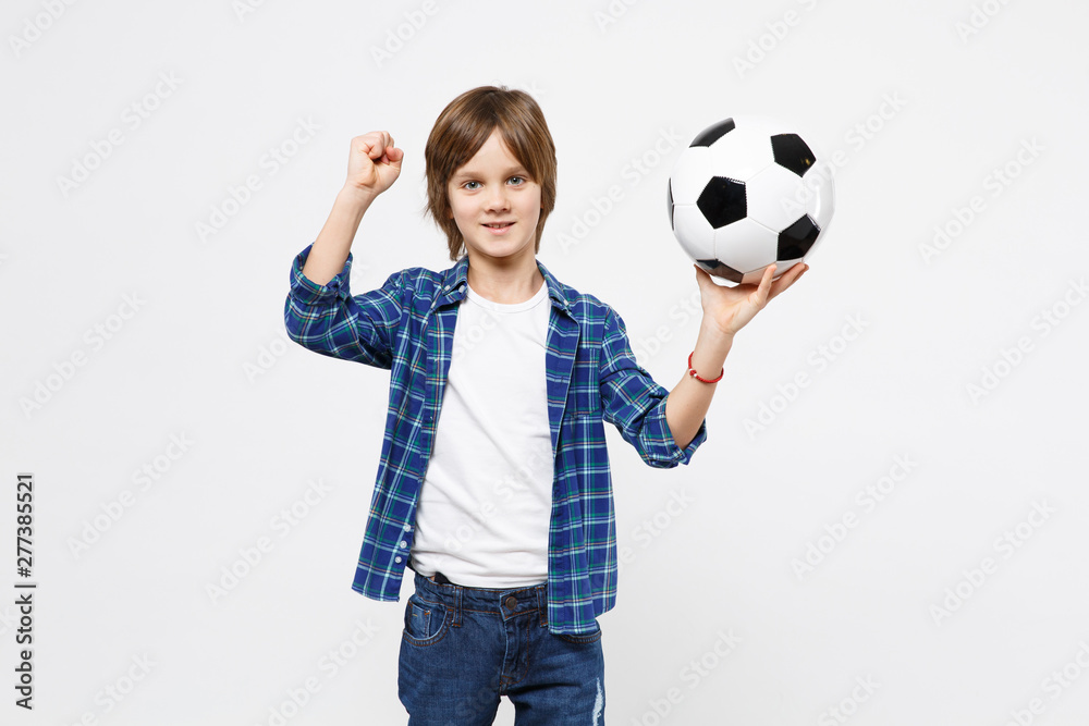 Football fan kid boy in blue t-shirt cheer up support favorite team ...
