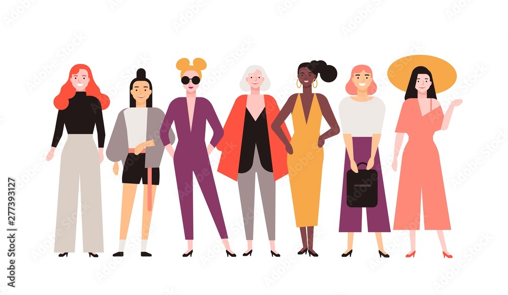 Group of adorable women dressed in trendy clothes isolated on white ...