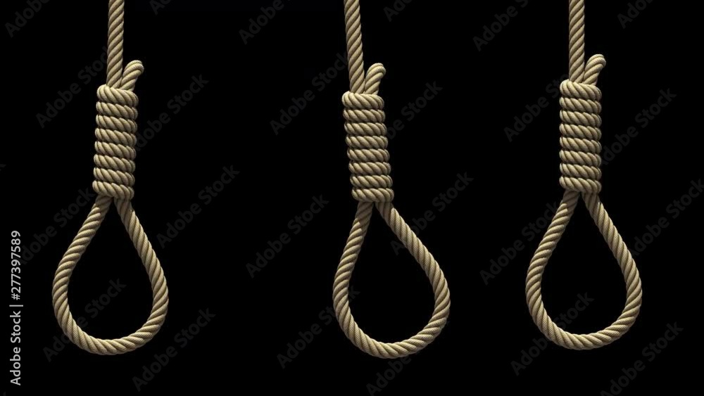 Hangman's nooses, 3D animation. Three ropes for hanging are swinging ...