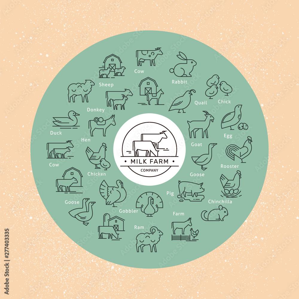 A large circular vector icon set of rural animals in a linear style for ...