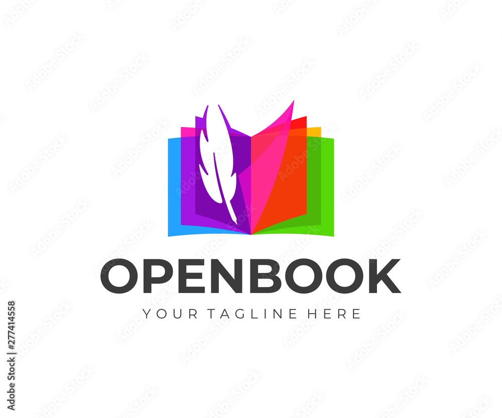 Colorful open book with feather pen logo design. Fountain pen and ...