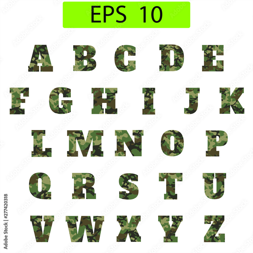 Vecteur Stock Military stencil font on camouflage background. Military ... Vecteur Stock Military stencil font on camouflage background. Military ...