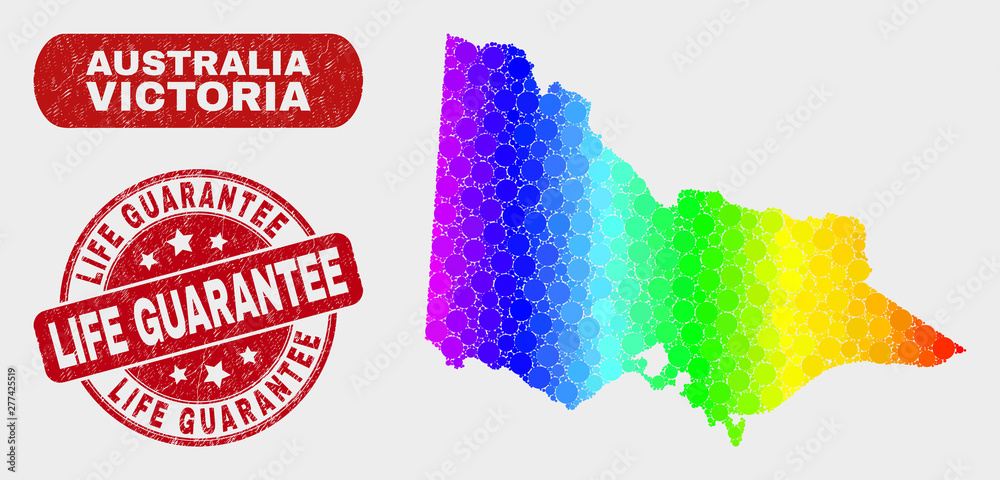 Rainbow colored dotted Australian Victoria map and watermarks. Red ...