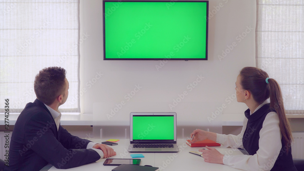 Manager giving presentation for client showing on monitor with green ...