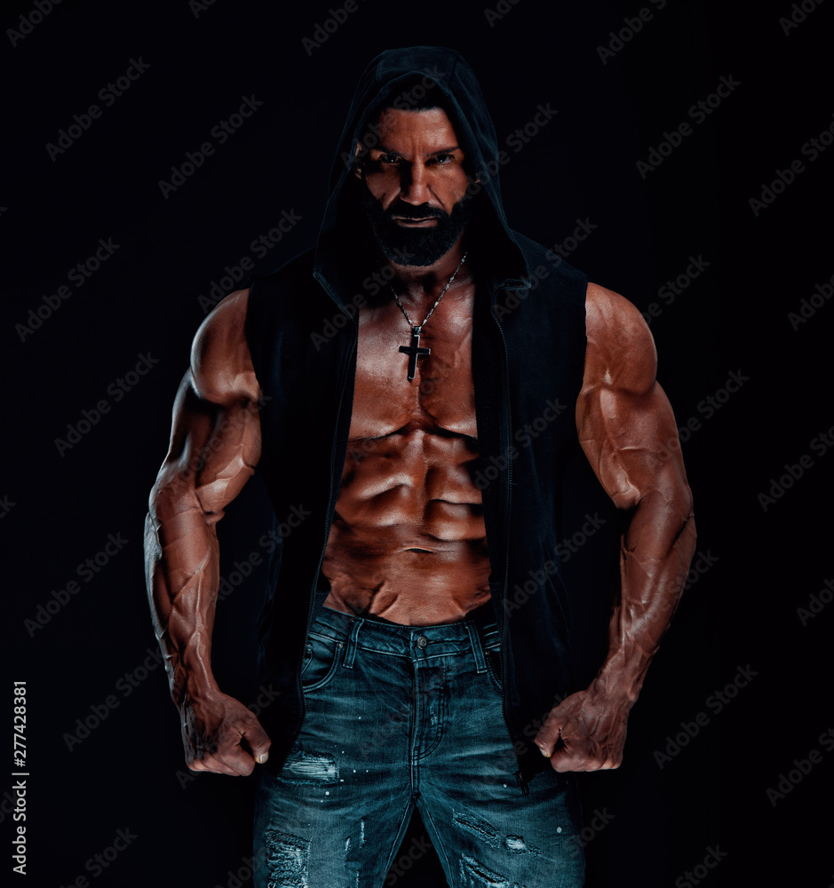 Strong Mysterious Muscular Men Wearing Hooded Jacket Exposing his ...