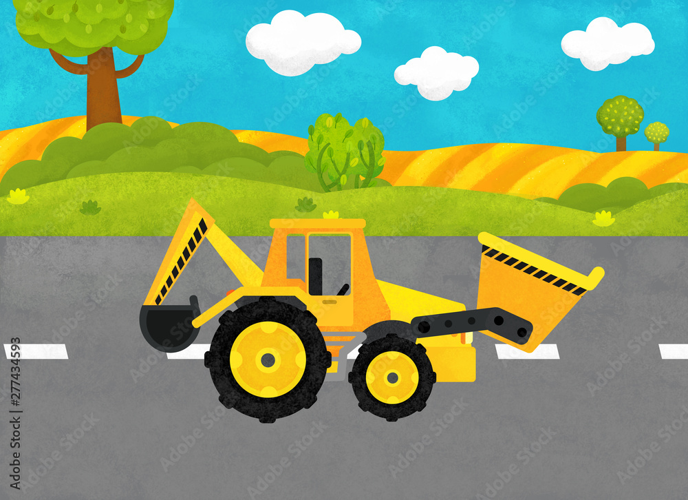 cartoon scene with bulldozer in the country on the street illustration ...