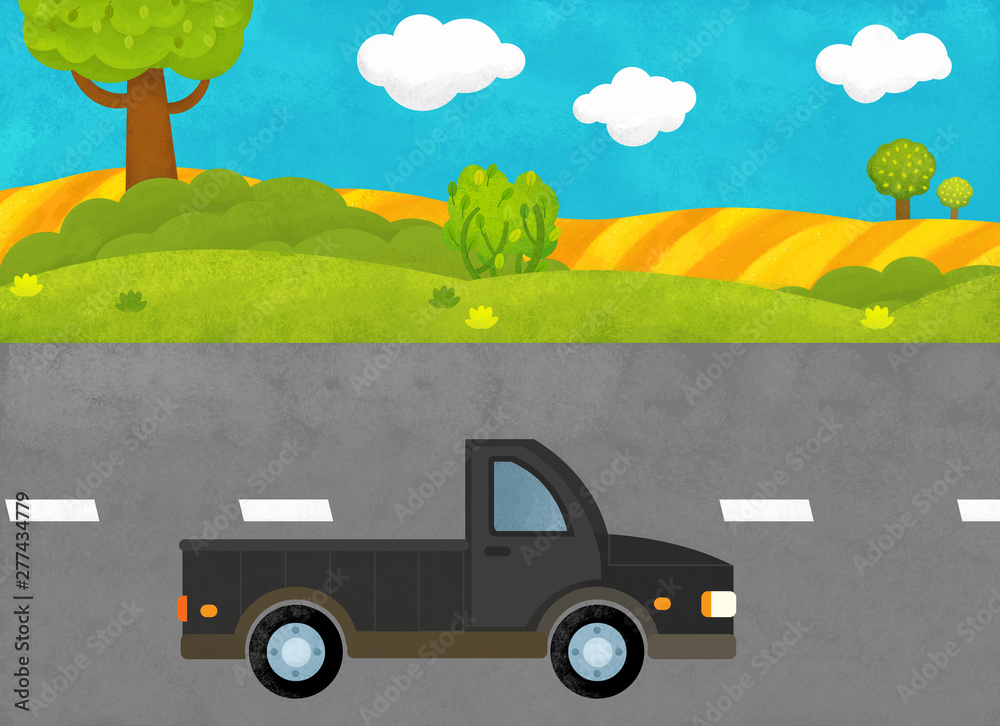 cartoon scene with every day car truck in the country on the street ...