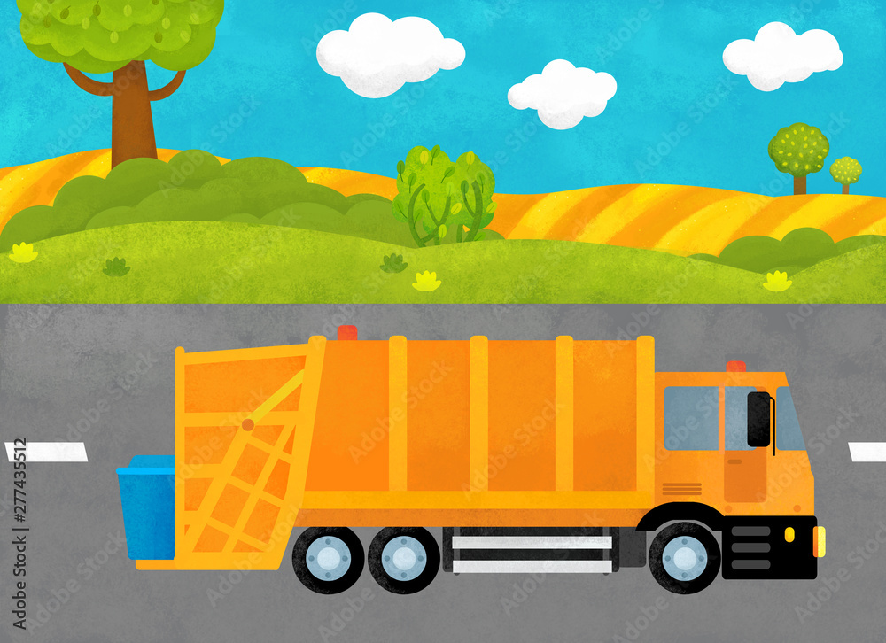 cartoon scene with dumper truck trash car in the country on the street ...