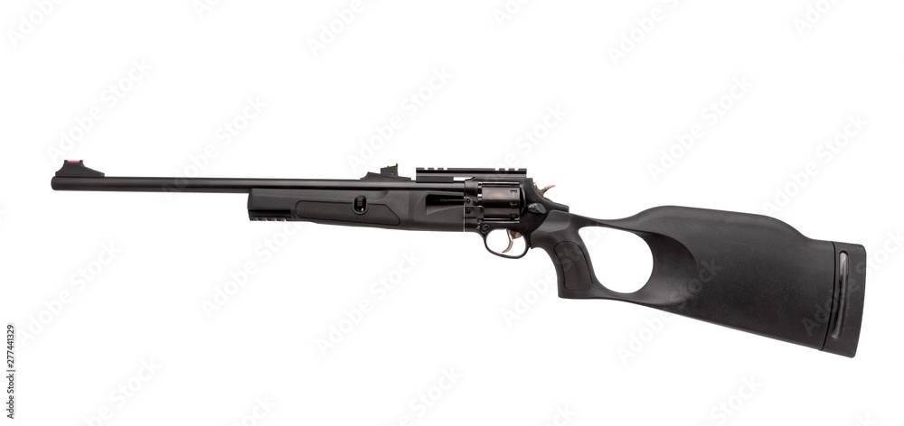Black pistol revolver with elongated barrel and special butt. Gun ...