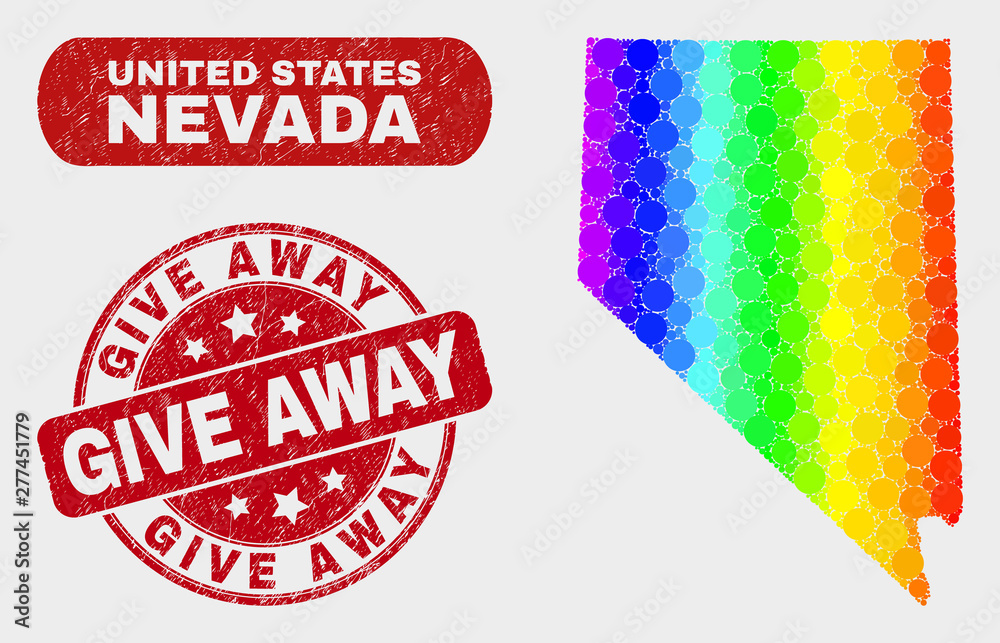Rainbow colored dot Nevada State map and seal stamps. Red round Give ...