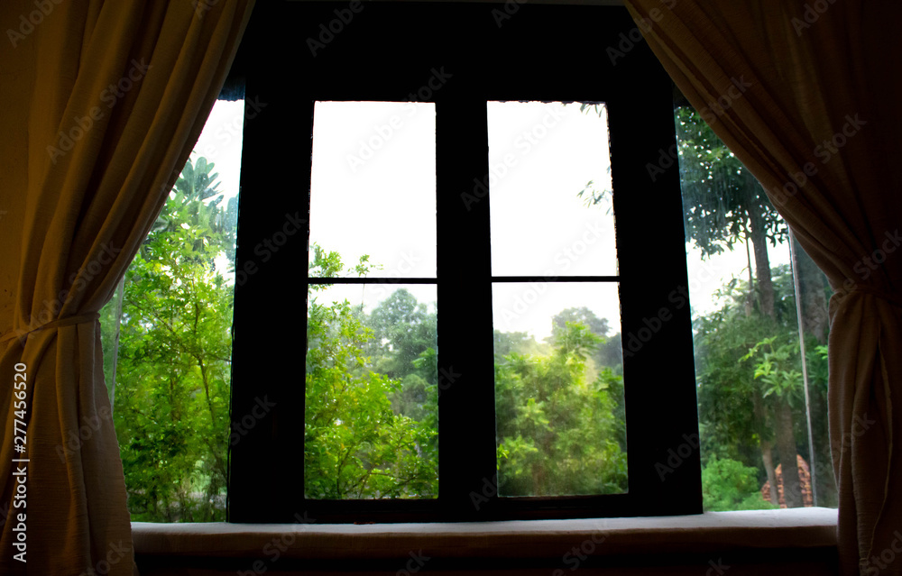 Vintage wooden window frame with curtain decoration interior of room ...