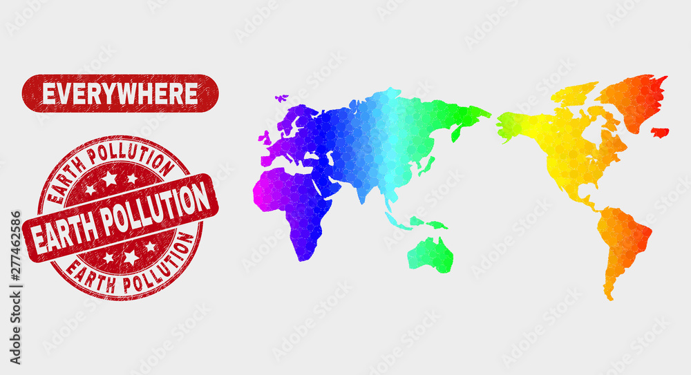 Rainbow colored dot world map and watermarks. Red round Earth Pollution ...