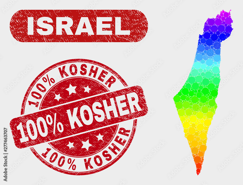 Spectrum dotted Israel map and stamps. Red round 100% Kosher scratched ...