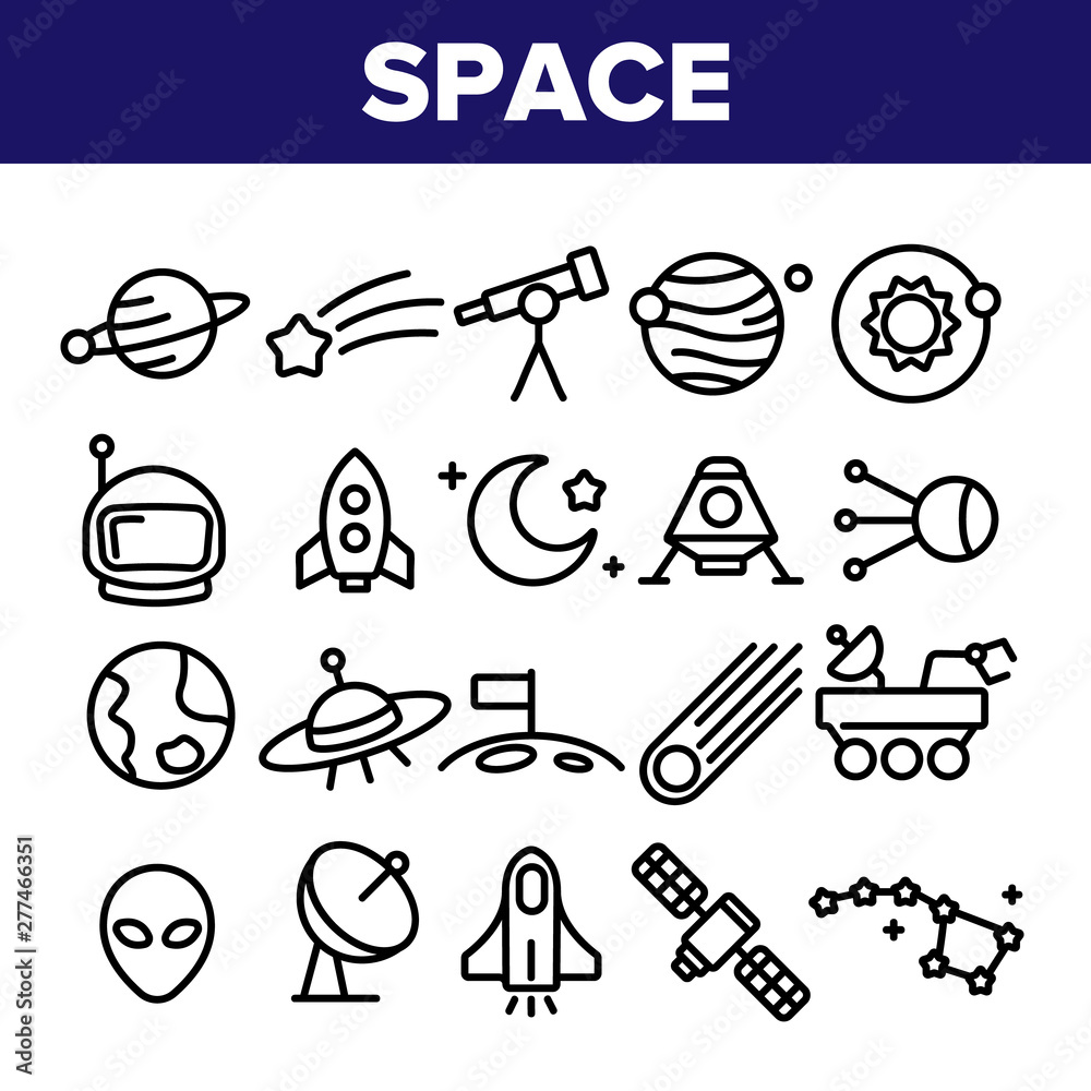 Vecteur Stock Space Exploration Vector Thin Line Icons Set. Outer Space, Extraterrestrial Life ...
