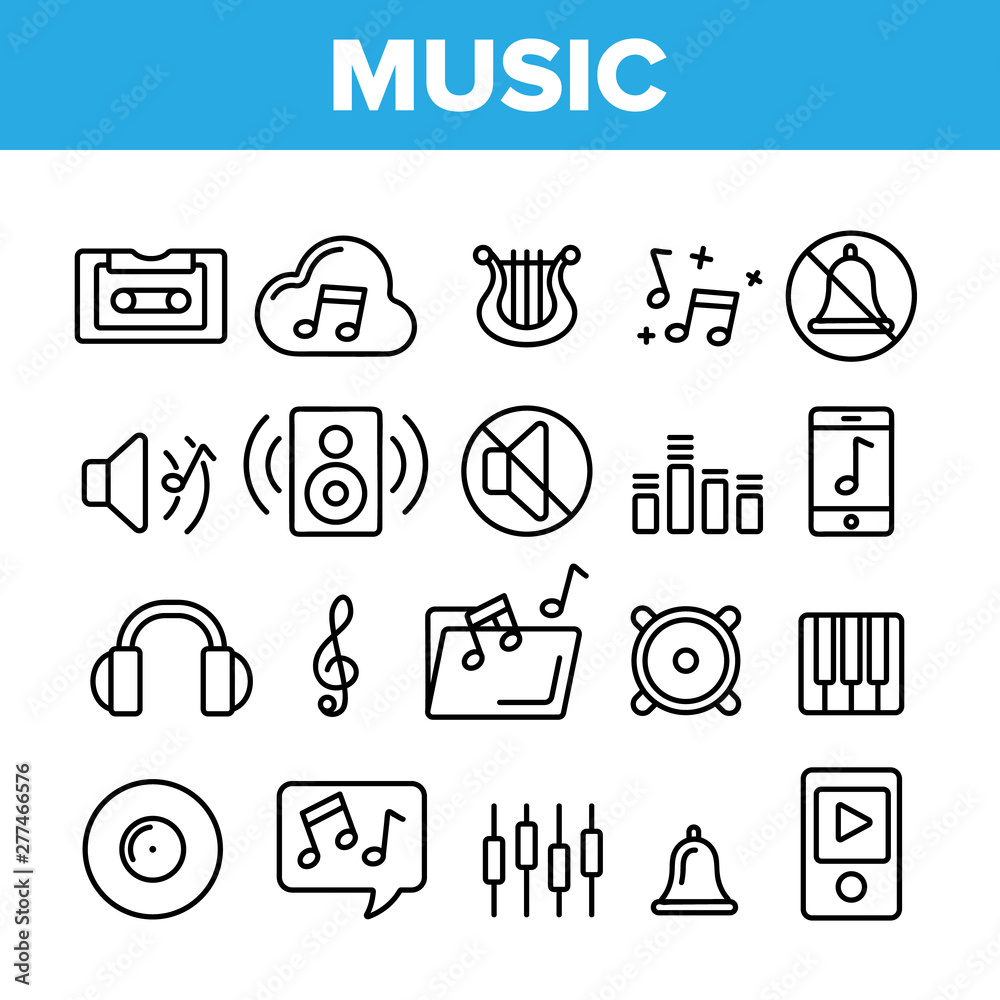 Music, Audio Vector Thin Line Icons Set. Music Listening Apps, Audio ...