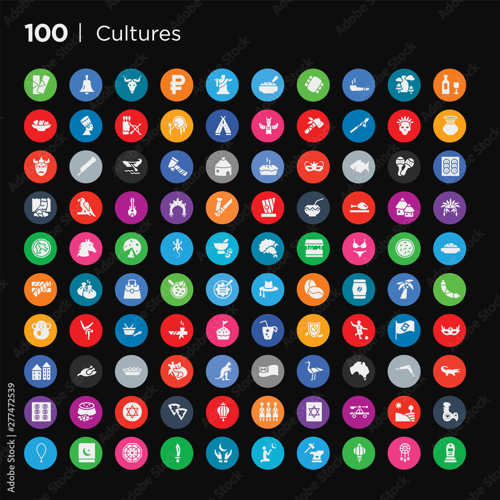 100 round colorful cultures vector icons set such as beads, portuguese ...