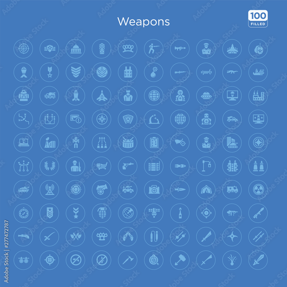 100 blue round weapons vector icons set such as 2 katanas, japanese ...
