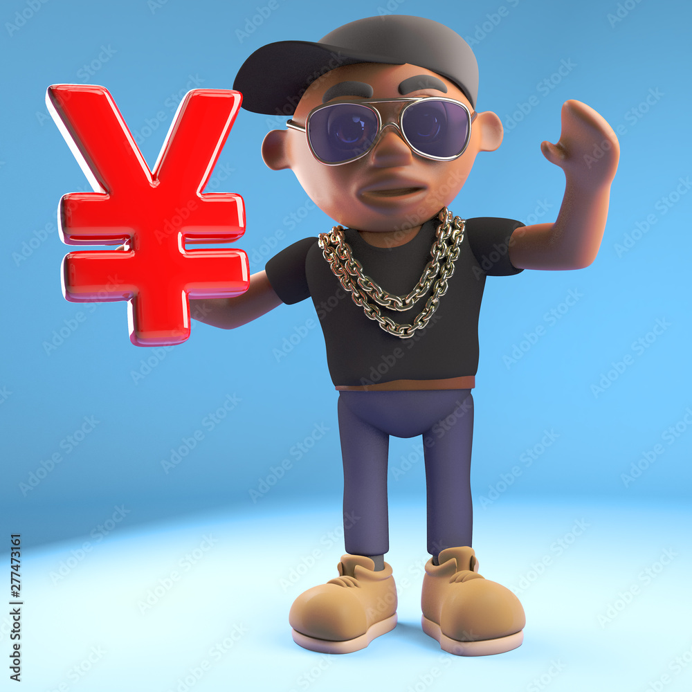 Smart black hiphop rapper in baseball cap holding Japanese Yen currency ...