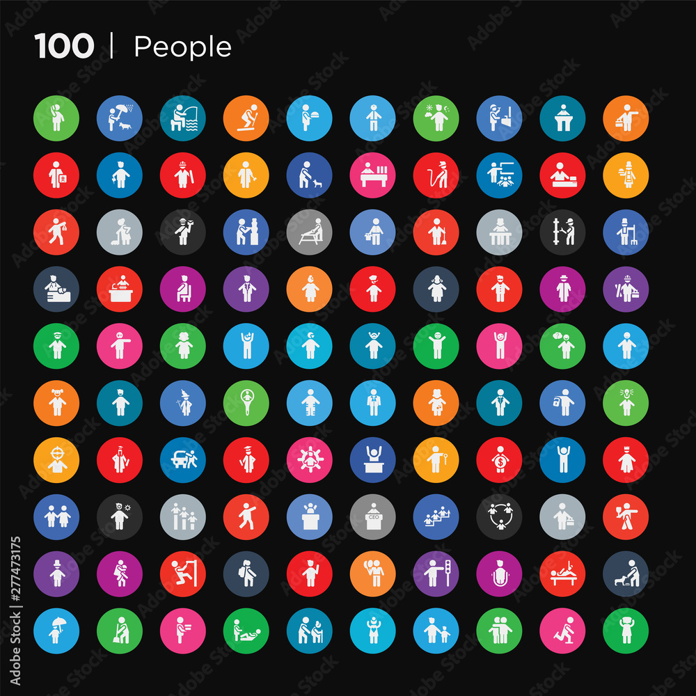 100 round colorful people vector icons set such as people under an ...