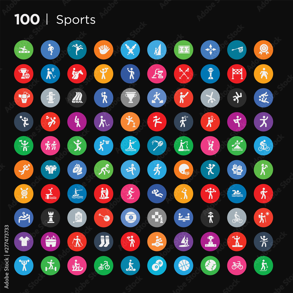 100 round colorful sports vector icons set such as man lifting weight ...