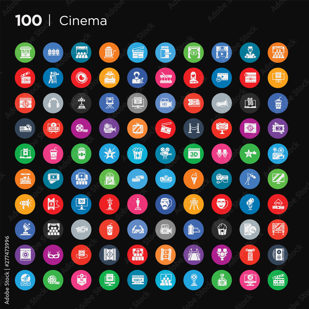 100 round colorful cinema vector icons set such as dvd, loud woofer box ...