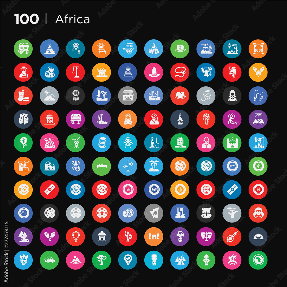 100 round colorful africa vector icons set such as zebra, cradle of ...